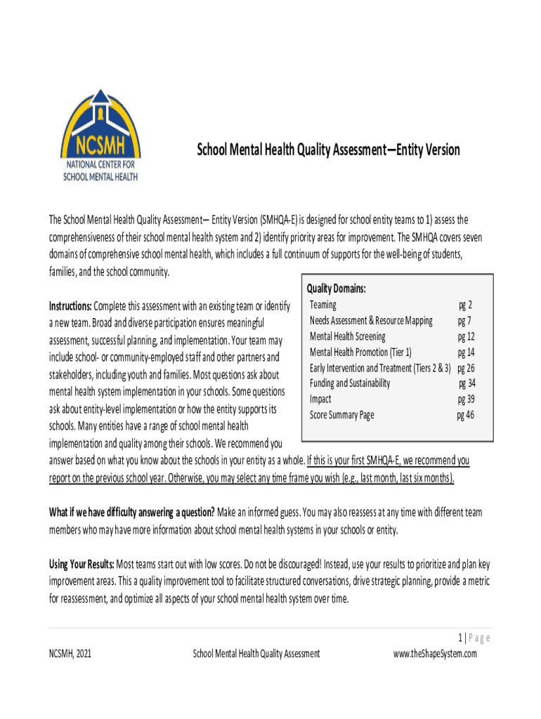 Fillable Online School Mental Health Quality AssessmentEntity Version ...
