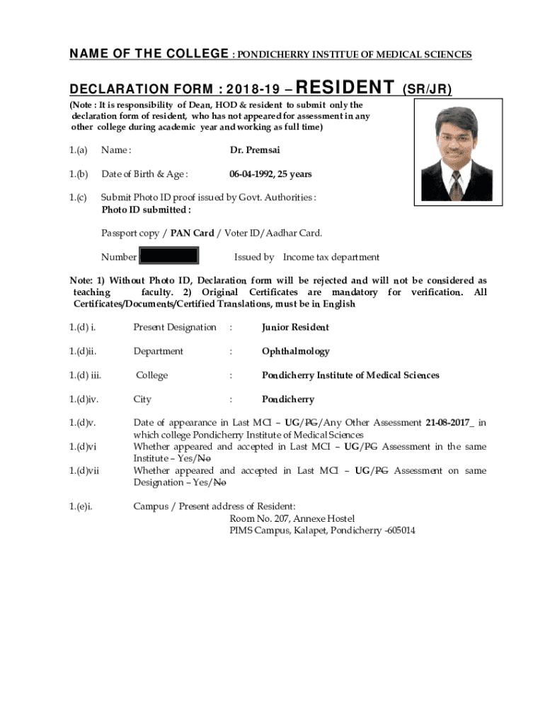 Fillable Online Fillable Online declaration form : 2018-19 resident (sr/jr) Fax Email Print ...