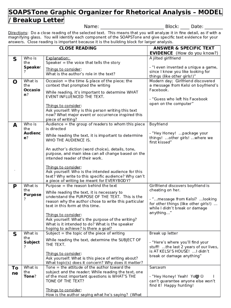SOAPSTone Graphic Organizer for Rhetorical Analysis - MODEL / Breakup ...