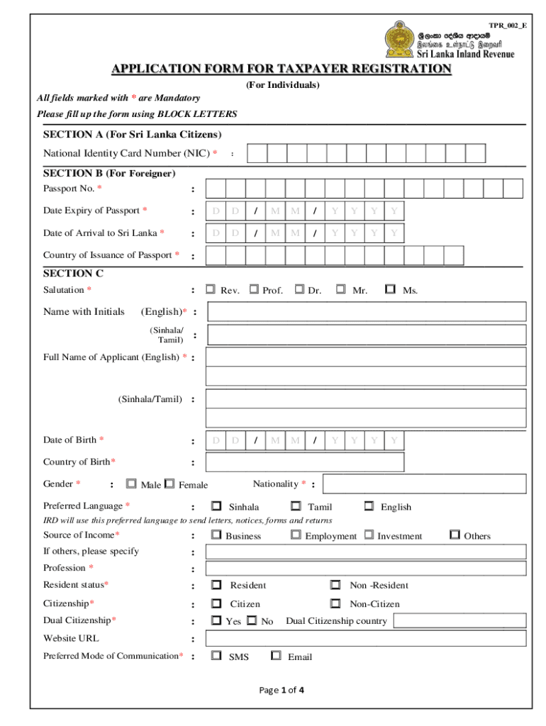 Fillable Online APPLICATION FOR TAXPAYER REGISTRATION ( ... Fax Email ...