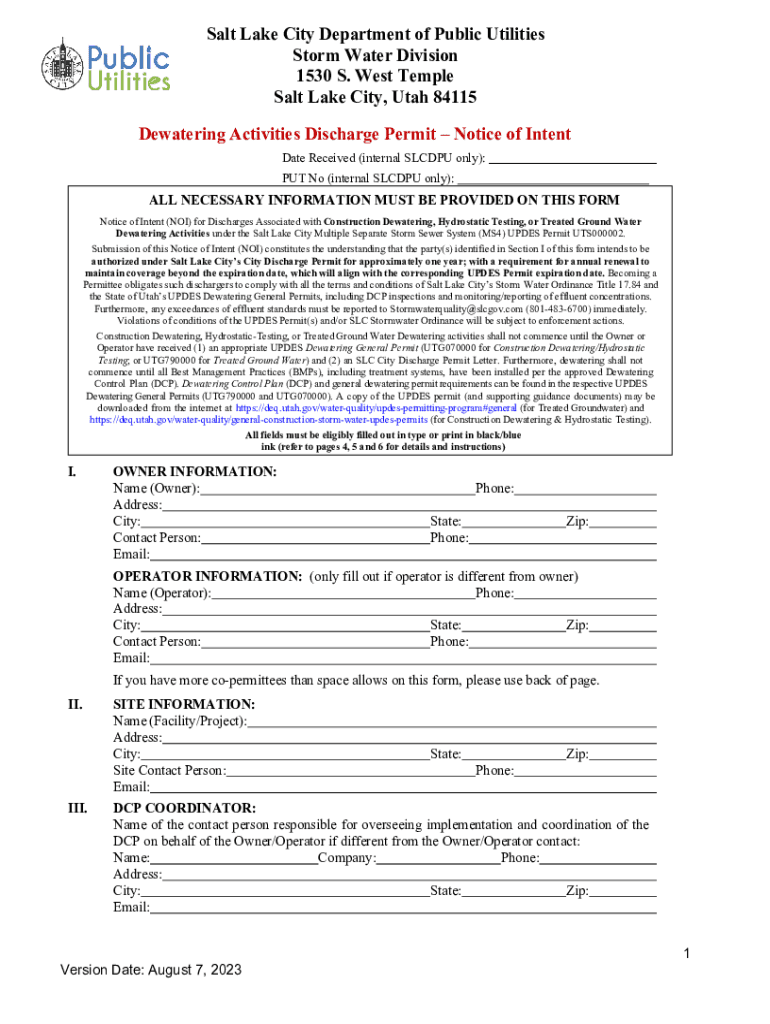Fillable Online Dewatering Activities Discharge PermitNotice of Intent ...