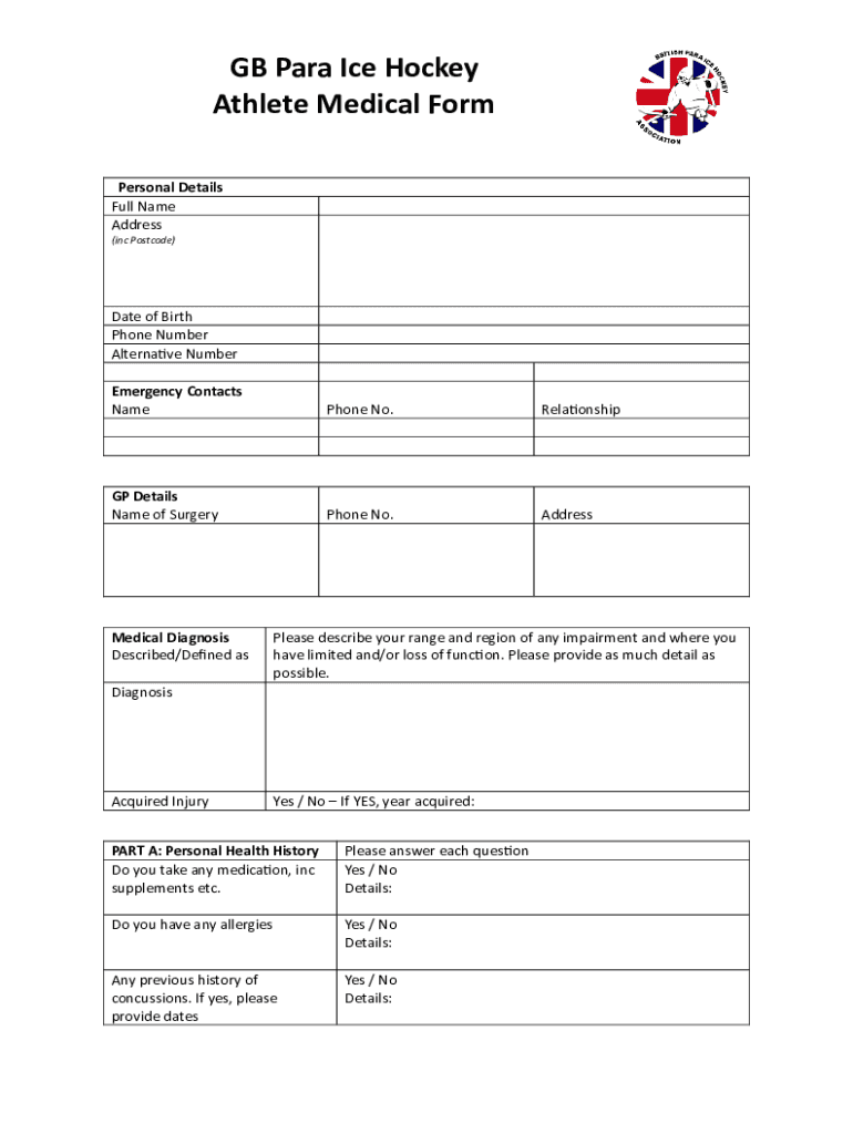 Fillable Online GB Para Ice Hockey Athlete Medical Form Fax Email Print ...