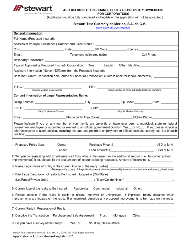 Fillable Online Application for Title Insurance (Corporation) - English ...