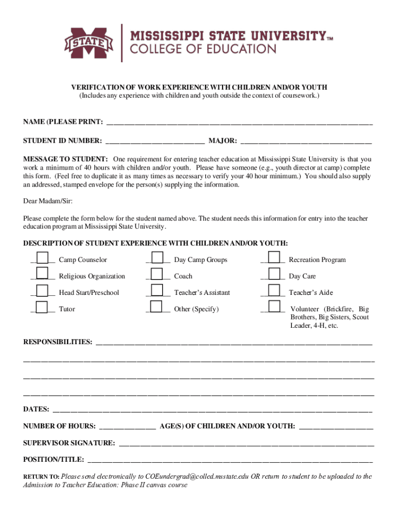 Fillable Online verification of work experience with children and/or ...