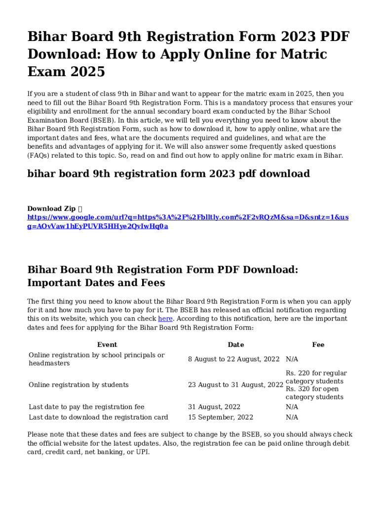 Fillable Online Bihar Board 9th Registration 2024, How to Download Form ...