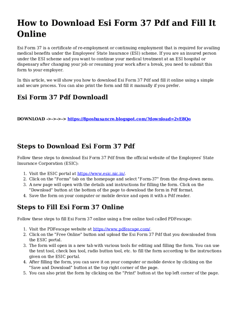 Fillable Online How to Download Esi Form 37 Pdf and Fill It Online Fax Email Print - pdfFiller
