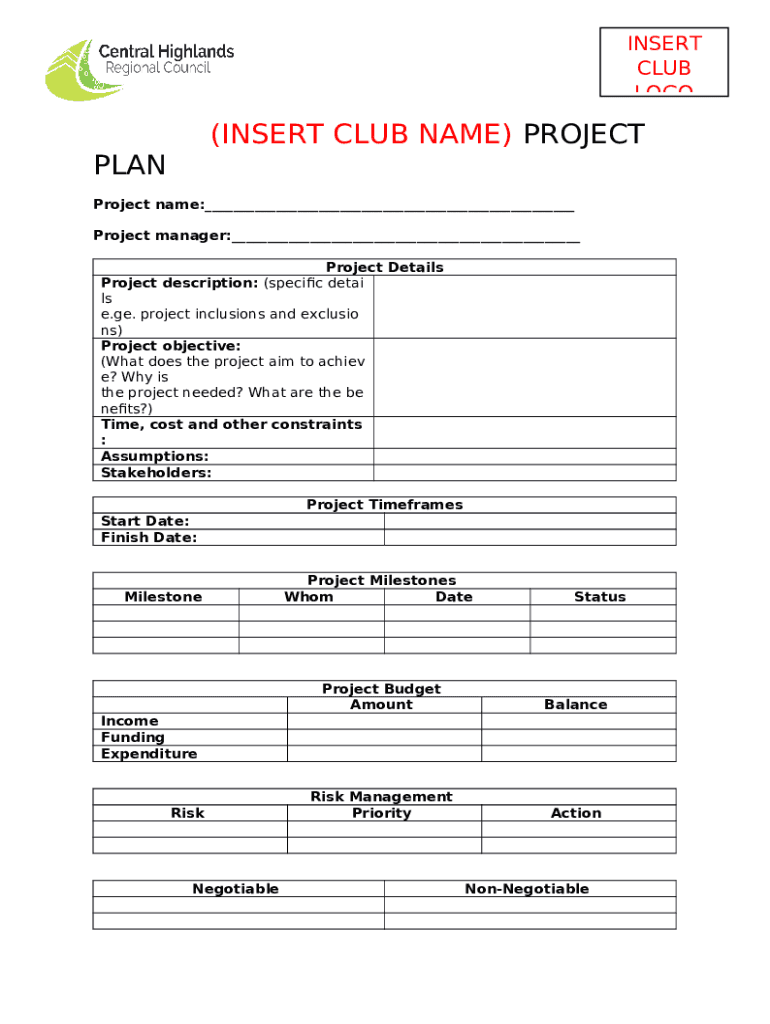 Download the project plan template Doc Template | pdfFiller