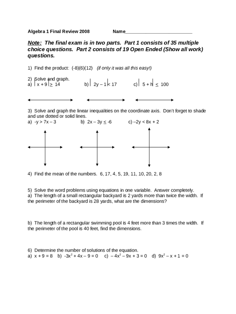 final exam algebra 1 multiple choice Doc Template | pdfFiller