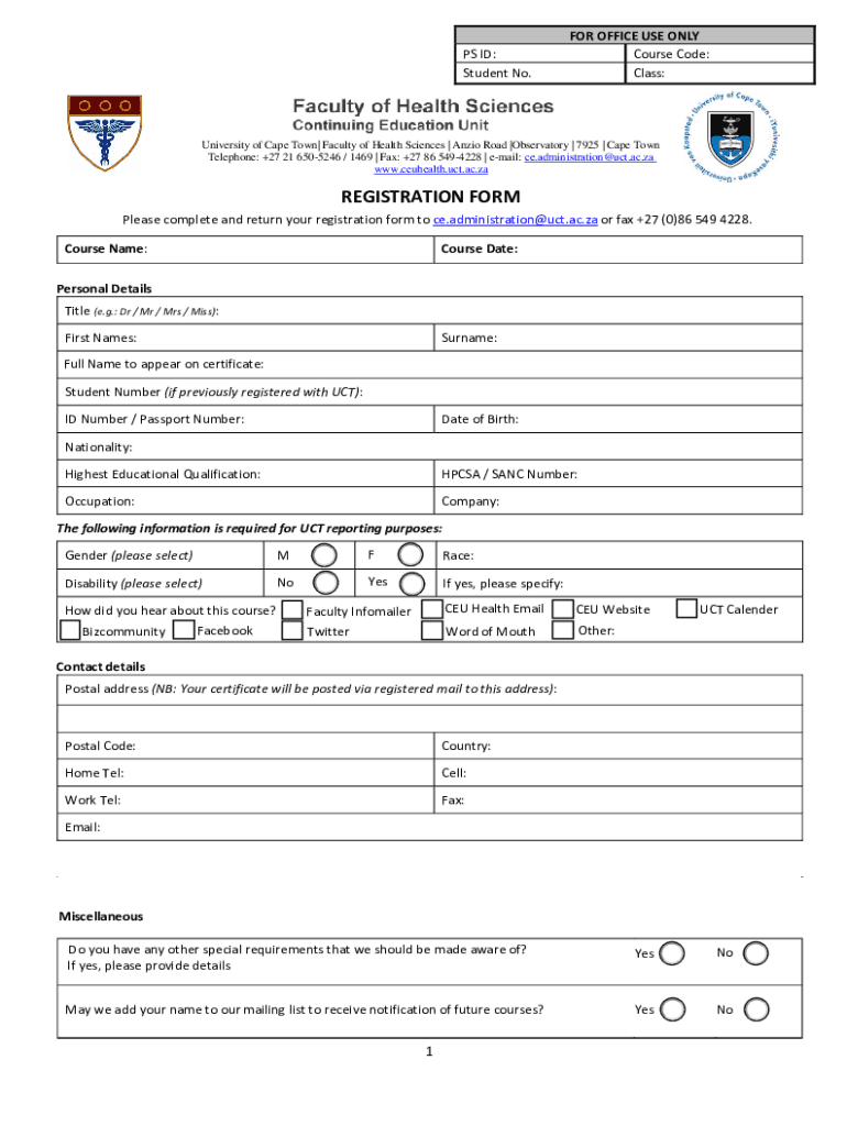 Fillable Online uct ac Contact usUniversity of Cape Town - UCT Health ...
