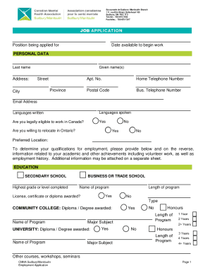Fillable Online sm cmha JOB APPLICATION Position being applied for Date ...