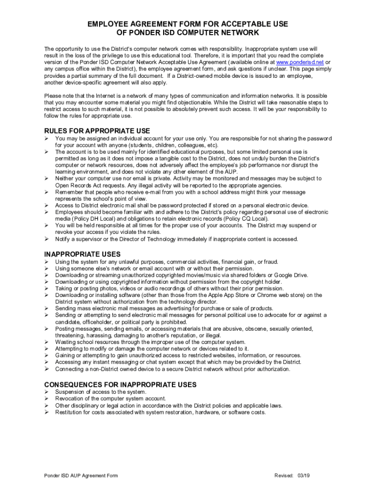 Fillable Online ponder isd computer network acceptable use agreement ...