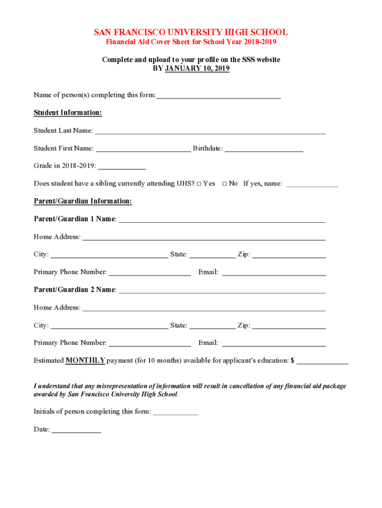 Fillable Online Financial Aid Cover Sheet for School Year 2018-2019 Fax Email Print - pdfFiller