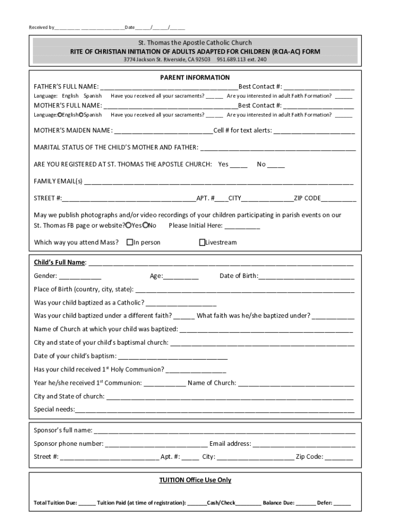 Fillable Online RCIA - St. Thomas the Apostle Parish & St. Patrick ...