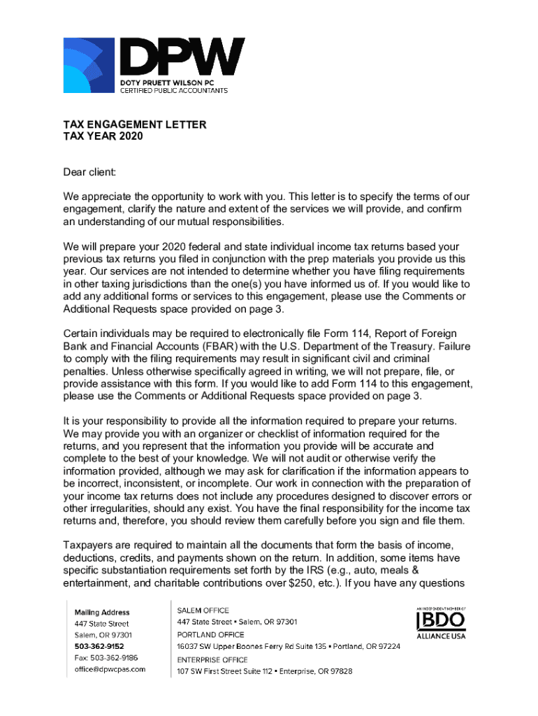 Fillable Online TAX ENGAGEMENT LETTER TAX YEAR 2020 Dear client: We ... Fax Email Print - pdfFiller