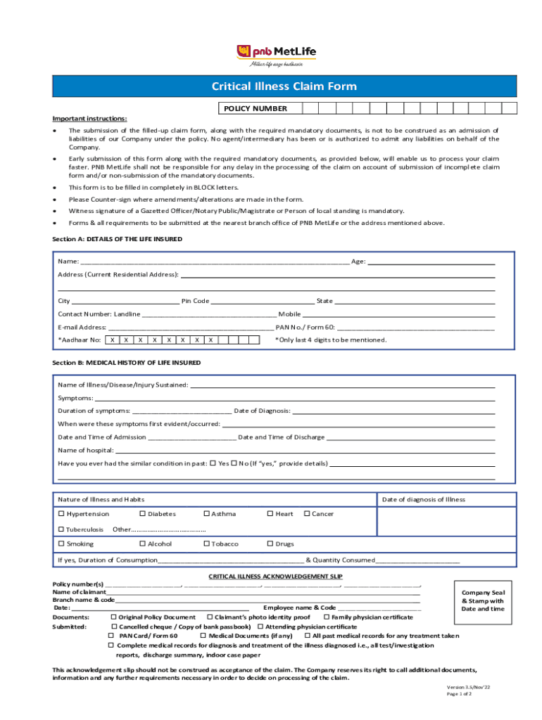 Fillable Online Group Critical Illness Claim Form Ver 1 0 Fax Email ...