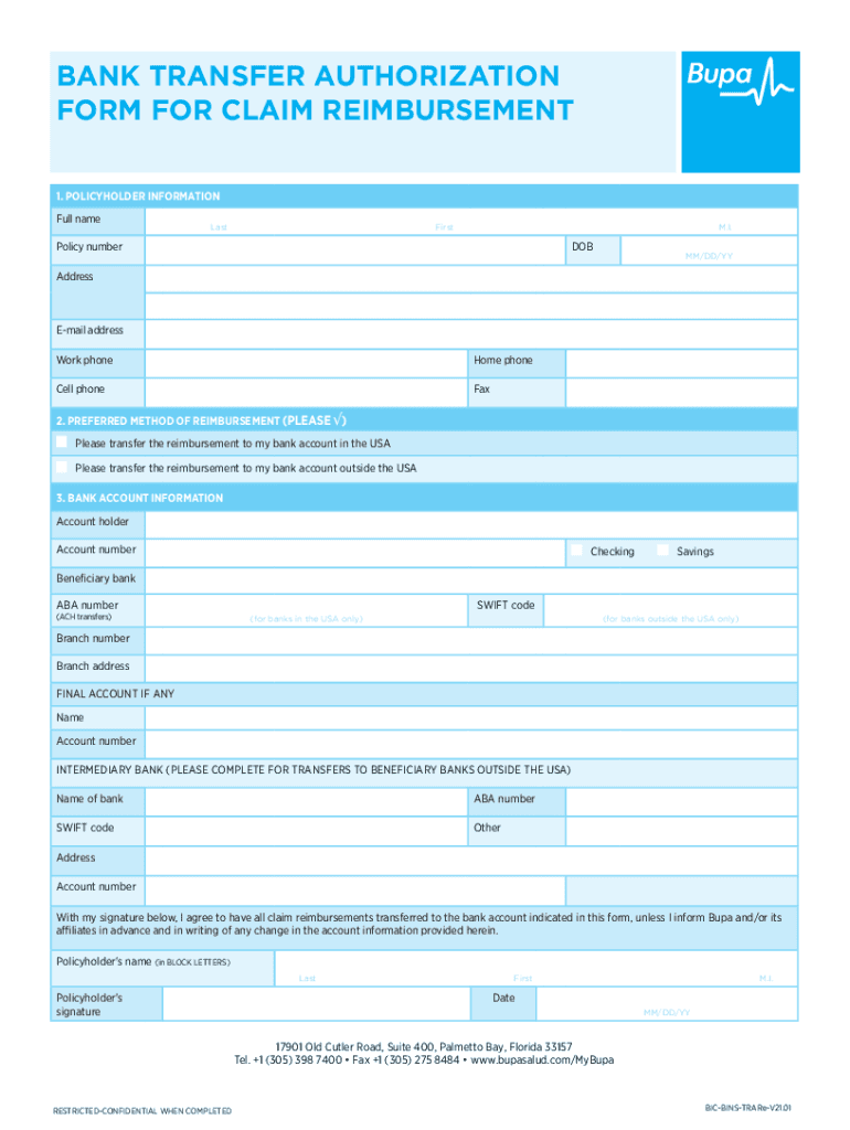Fillable Online BIC BINS Bank transfer authorization form for claim ...