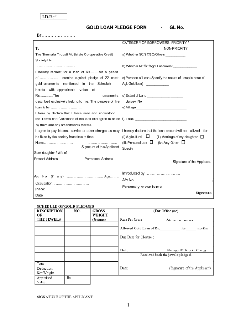 Fillable Online 1 GOLD LOAN PLEDGE FORM Fax Email Print - pdfFiller