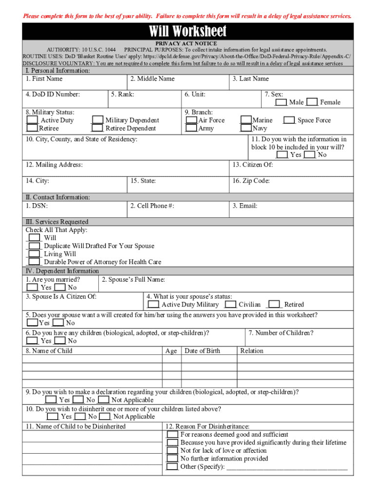 Will Worksheet - Fill Online, Printable, Fillable, Blank | pdfFiller