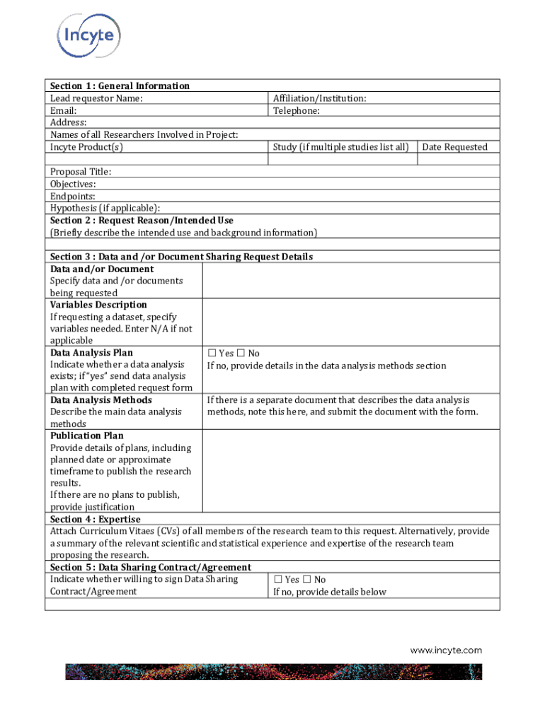 Fillable Online Incyte's Data Sharing Request Form. Download Incytes ...