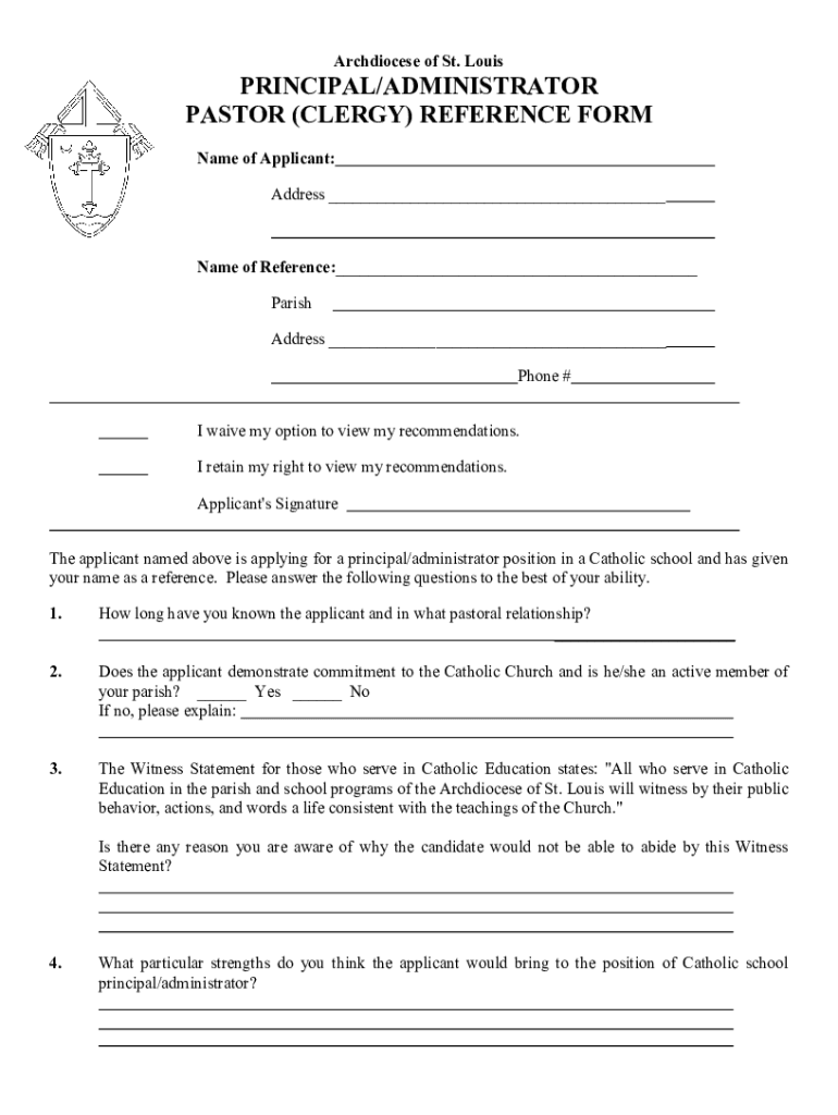 Fillable Online principal/administrator pastor (clergy) reference form ...