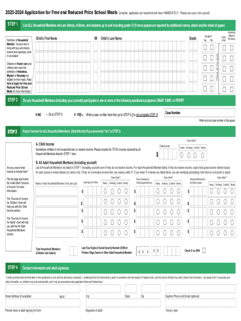 Fillable Online 2023-2024 application packet for free and reduced price ...