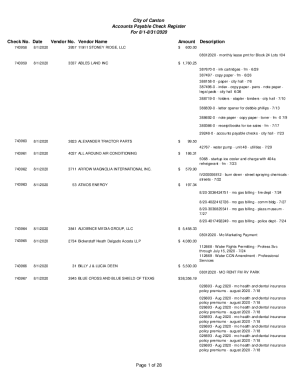 Fillable Online City of Canton Accounts Payable Check Register For 8/1 ...