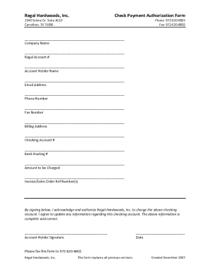 Fillable Online Regal Hardwoods, Inc. Check Payment Authorization Form ...