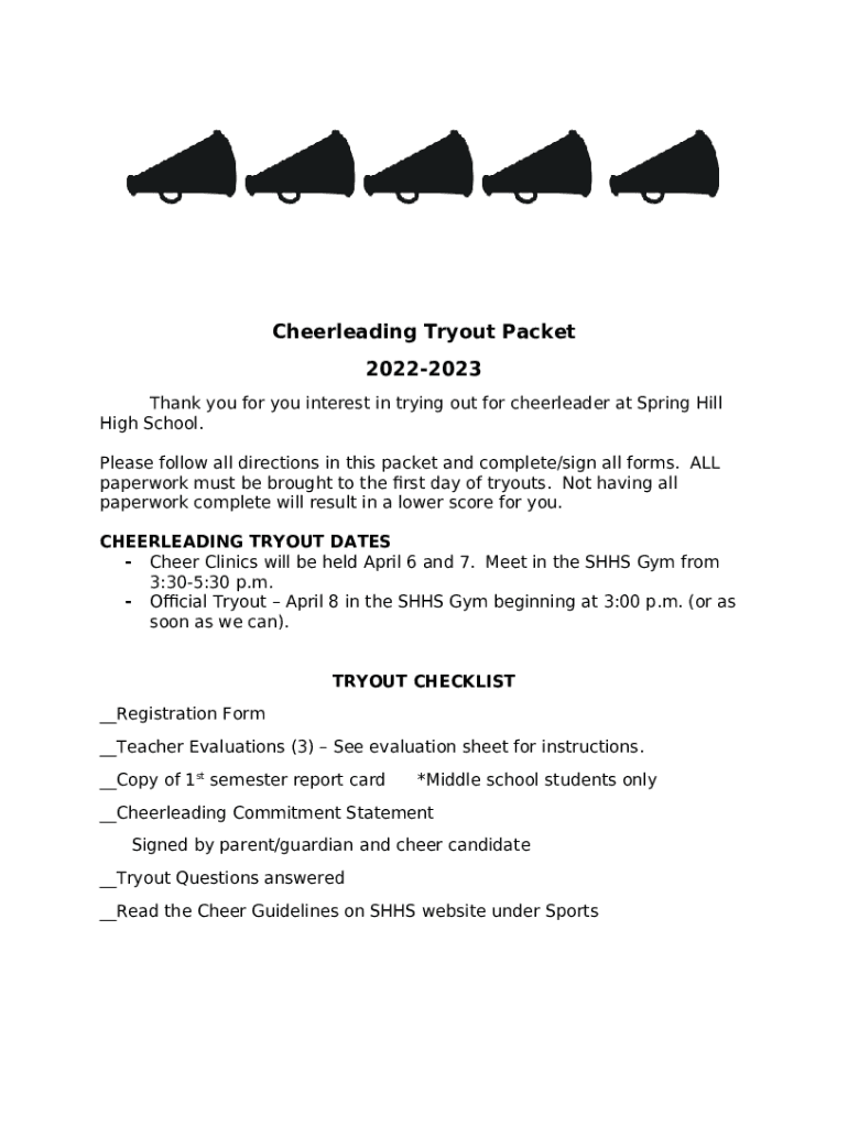 Spring Hill High School Cheerleading Tryout Packet Doc Template | pdfFiller