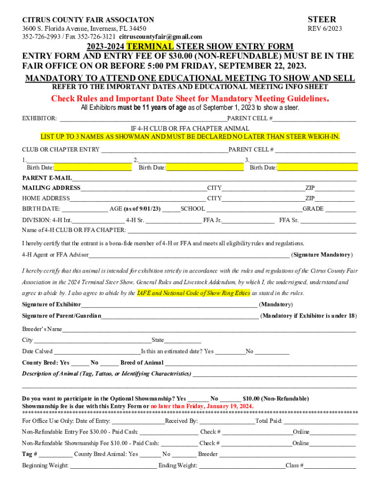 Fillable Online 2023-2024 PEE WEE RABBIT SHOW ENTRY FORM Fax Email ...