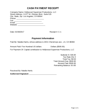 Cash Payment Receipt Template Doc Template | pdfFiller