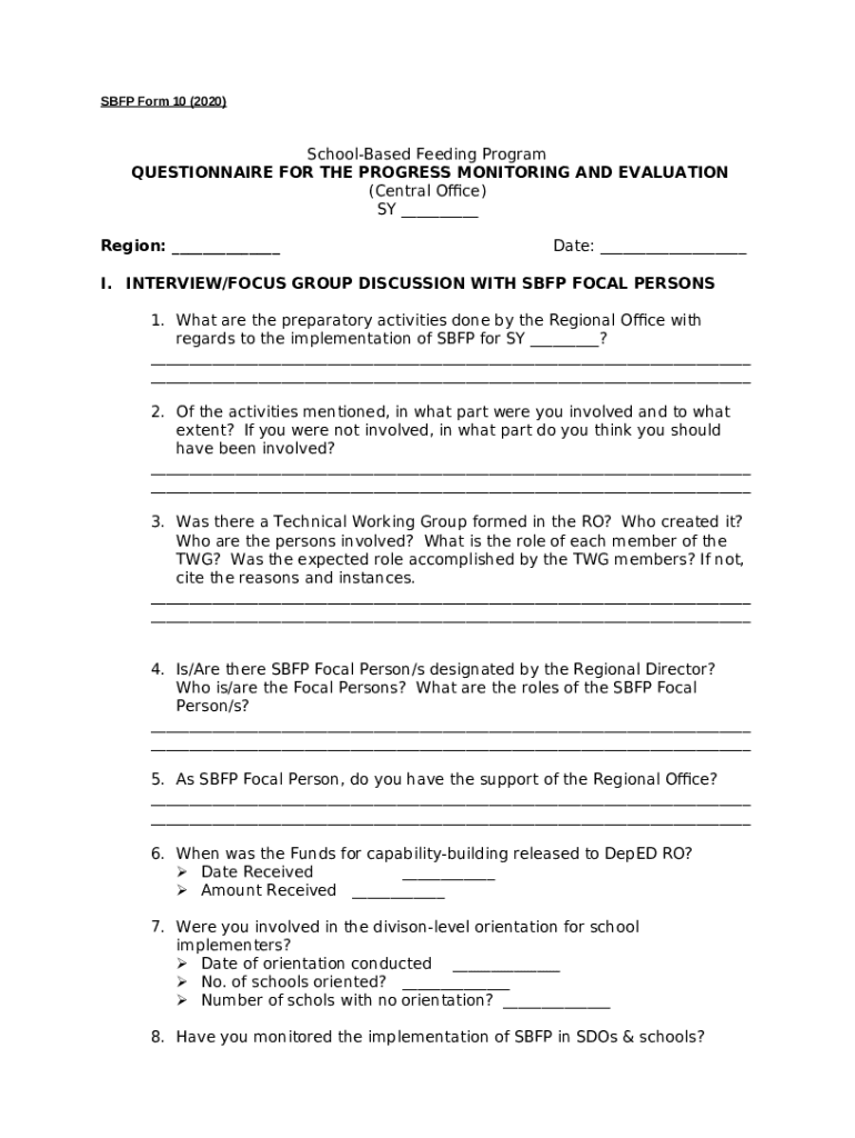 SBFP 10-12 - Monitoring Tool - QuestionnairePDF Doc Template | pdfFiller