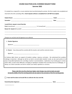 Fillable Online COURSE SELECTION LEVEL OVERRIDE REQUEST ... Fax Email ...