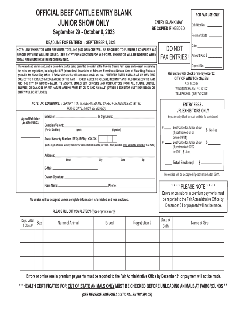 Fillable Online OFFICIAL BEEF CATTLE ENTRY BLANK JUNIOR SHOW ... Fax ...