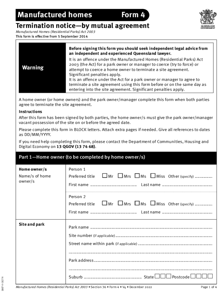 Fillable Online Manufactured Homes Form 4 - Termination noticeby mutual agreement. Manufactured ...