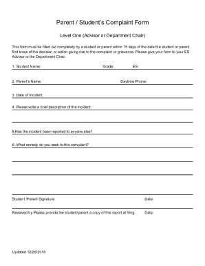 Fillable Online Parent / Students Complaint Form Level 1 (Rev 12/28 508 ...