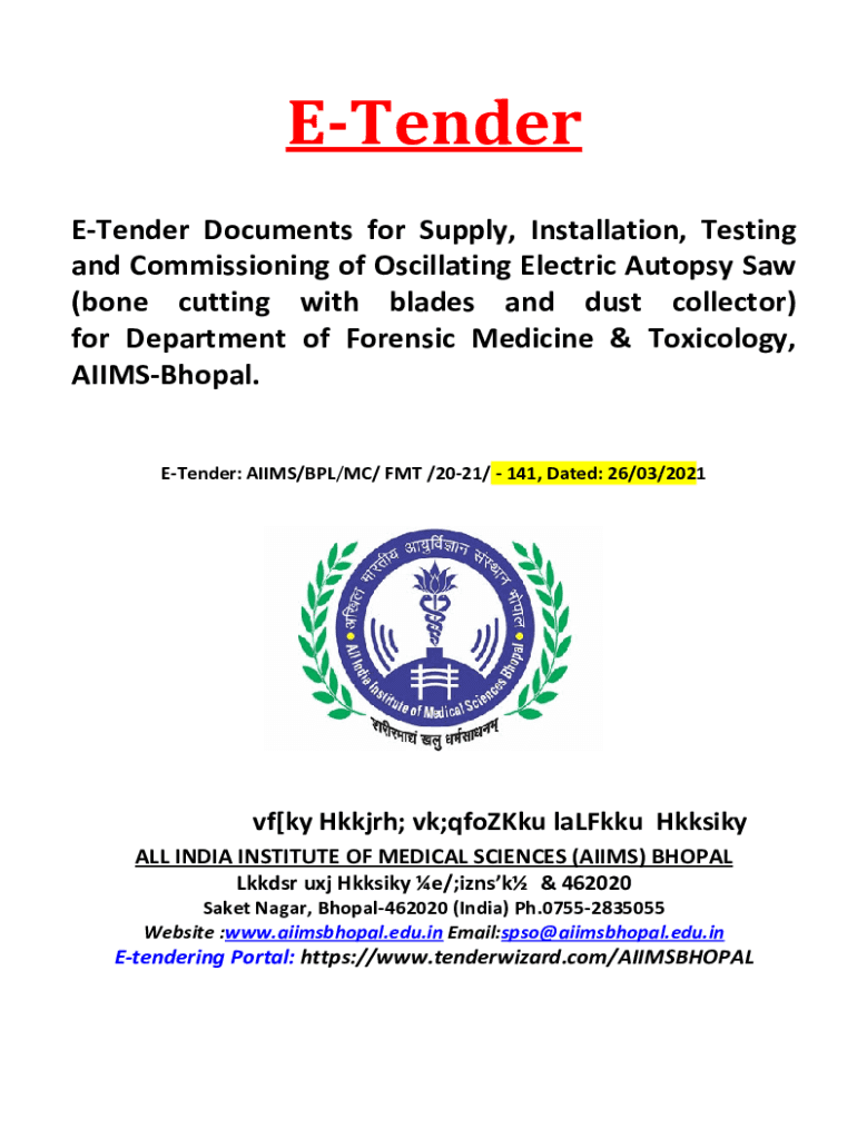 Fillable Online aiimsbhopal edu Open eTender for Supply of Autopsy saw ...