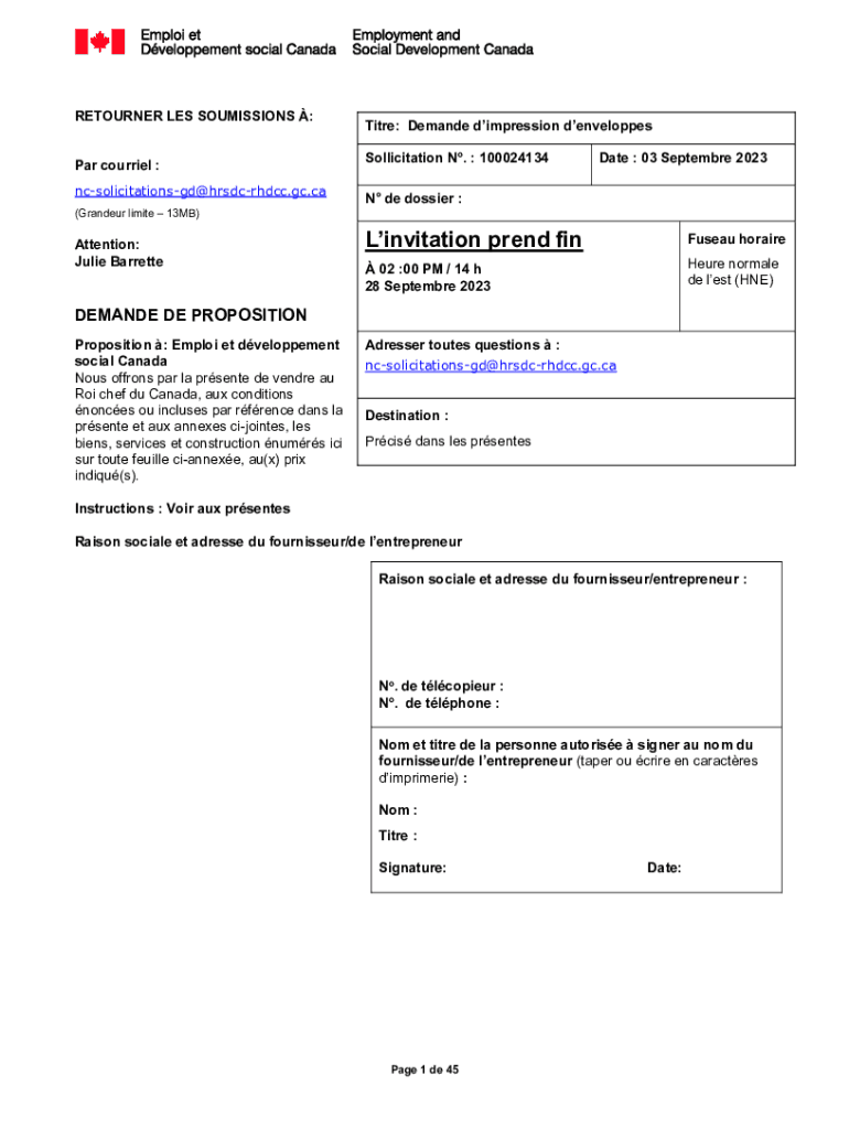 Remplissable En Ligne ENVELOPES PRINTING REQUEST - Tender Notice Fax Email Imprimer - pdfFiller