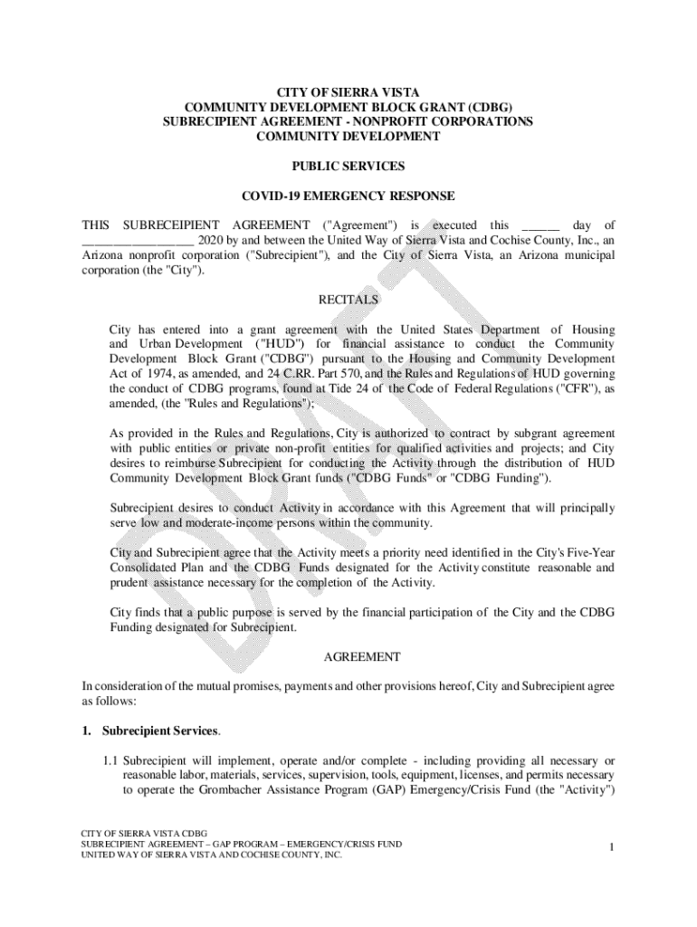 Fillable Online docserve sierravistaaz Subrecipient Agreement - Sierra Vista Document Server Fax ...