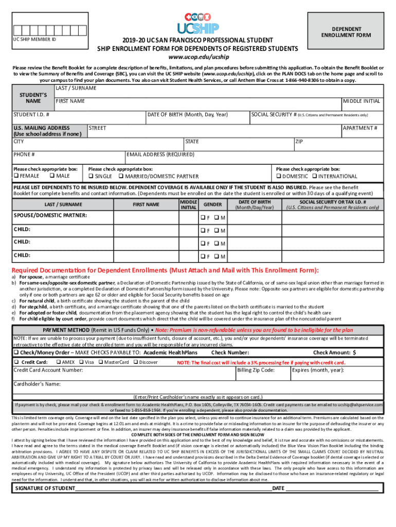 Fillable Online studenthealth ucsf UC SHIP - UC Law San Francisco ...