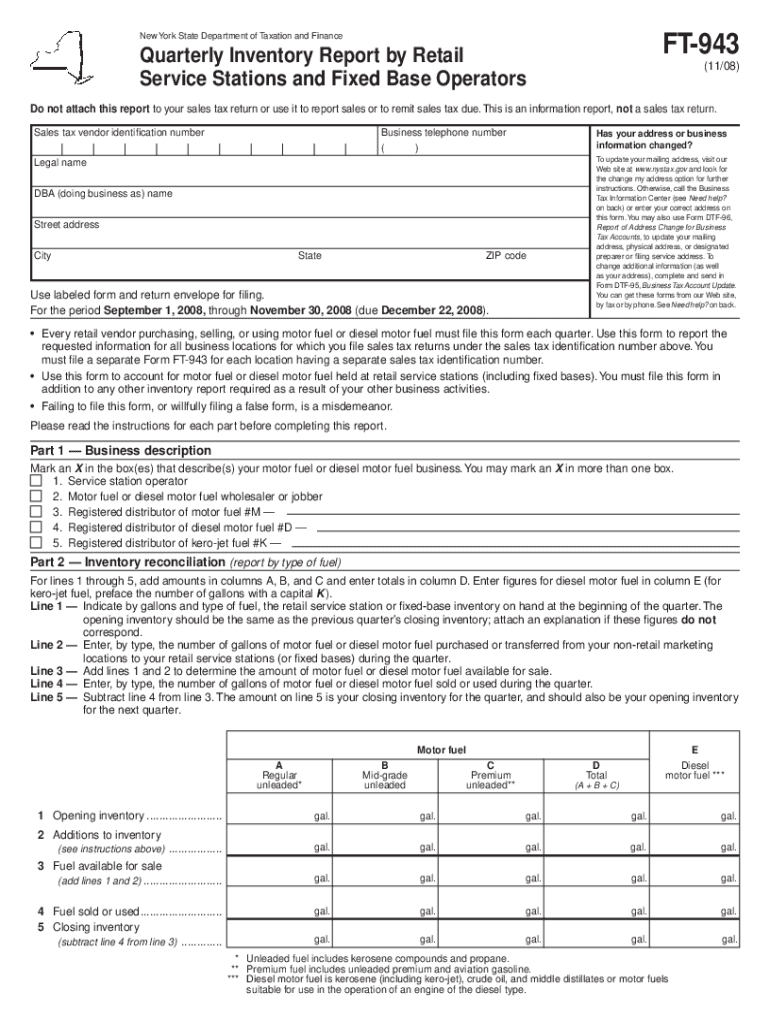 Fillable Online Form FT-943 Quarterly Inventory Report by ... - Tax.NY ...