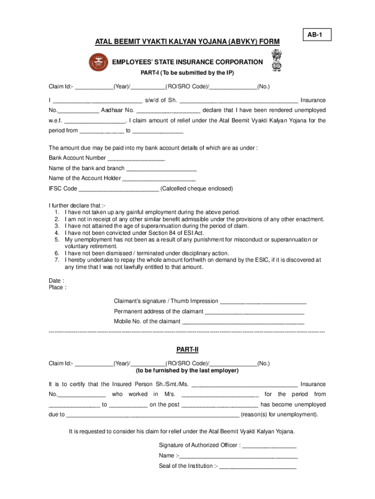 Fillable Online ATAL BEEMIT VYAKTI KALYAN YOJANA (ABVKY) FORM Fax Email ...