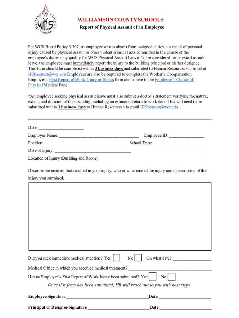 Fillable Online WCS Report of Physical Assault of an Employee Fax Email ...