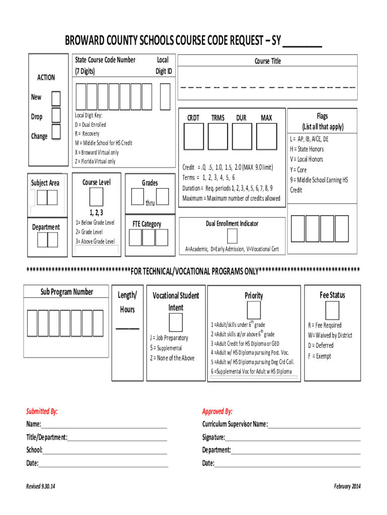 Fillable Online BROWARD COUNTY SCHOOLS COURSE CODE REQUEST Fax Email ...