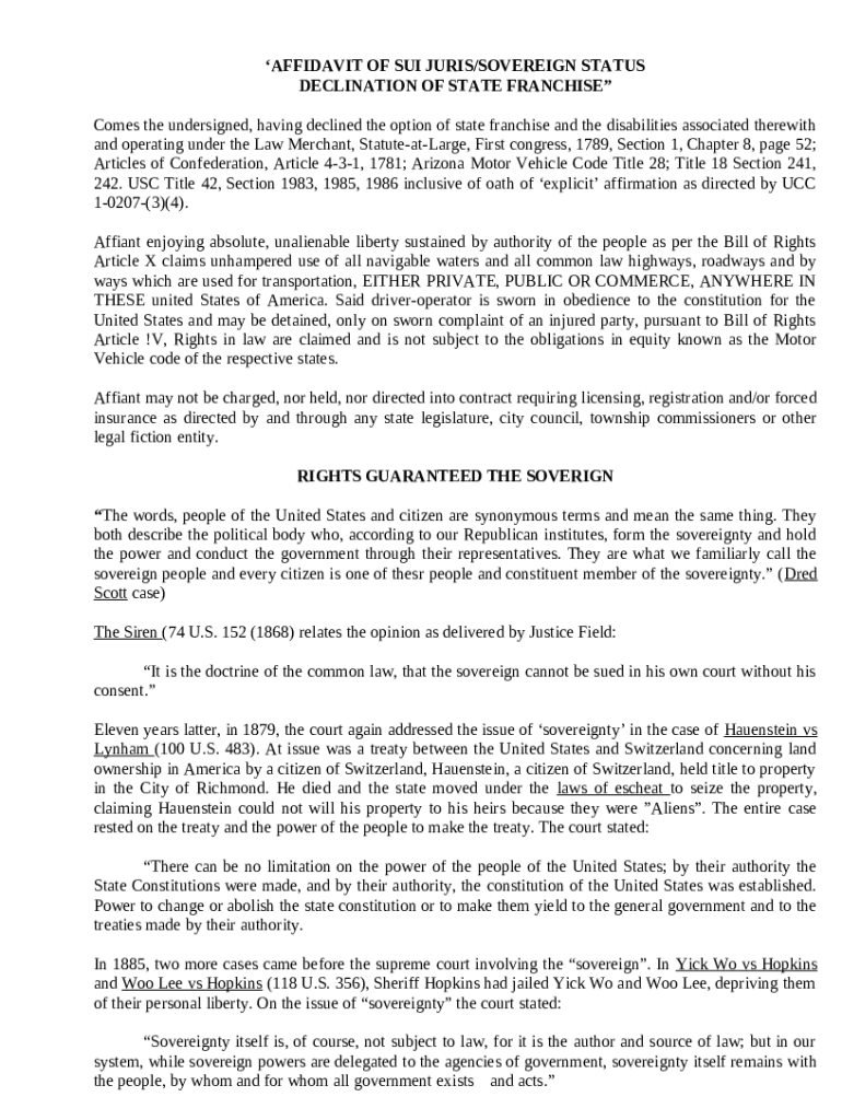 AFFIDAVIT OF SUI JURIS/SOVEREIGN STATUS Doc Template | pdfFiller