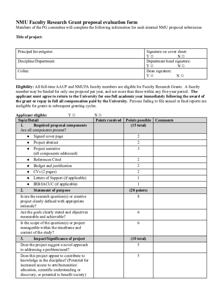 Fillable Online NMU Faculty Research Grant proposal evaluation form Fax Email Print - pdfFiller