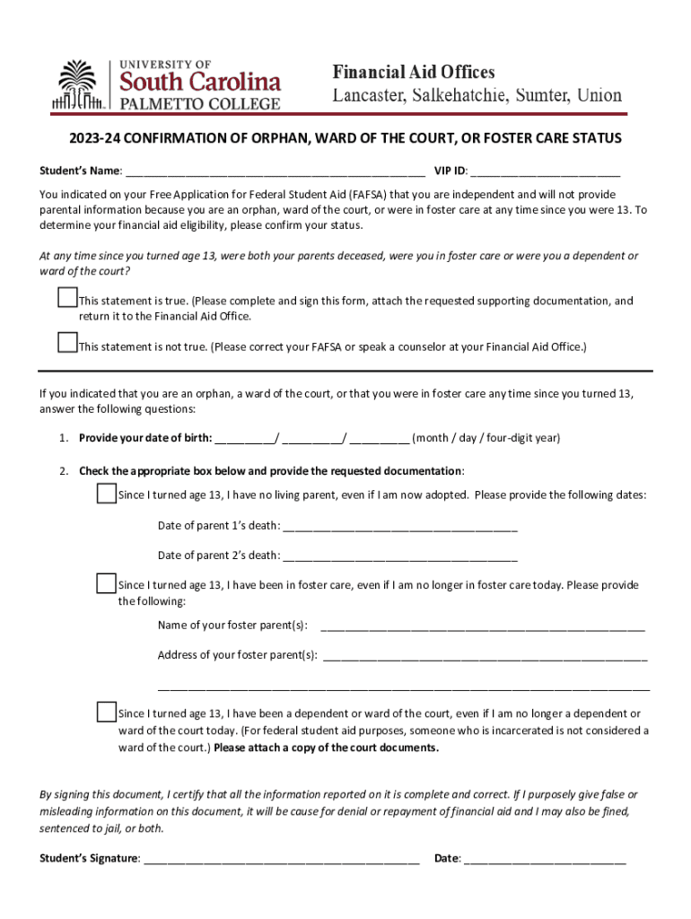 Fillable Online 2023-2024 Proof of Orphan, Foster Care, or Ward of the ...