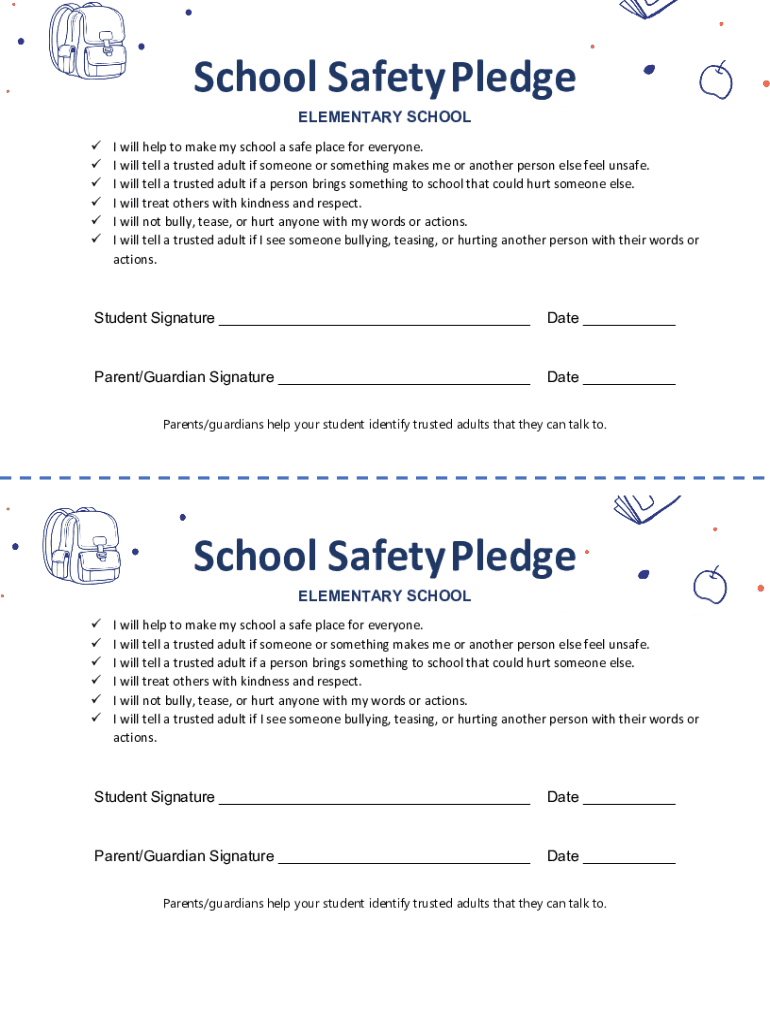 Fillable Online School Safety Pledge - Elementary School. School Safety ...