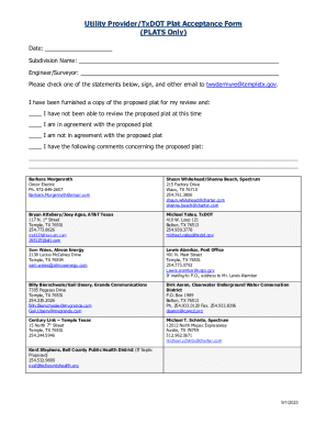 Fillable Online Utility Provider/TxDOT Plat Acceptance Form (PLATS Only) Fax Email Print - pdfFiller