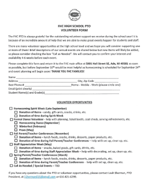 Fillable Online FHC High School PTO Volunteer Form Fax Email Print ...
