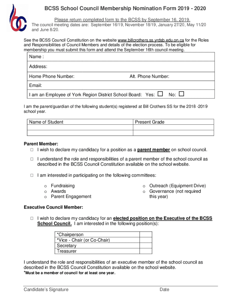 Fillable Online Cedar School Council Parent Nomination Form Fax Email ...